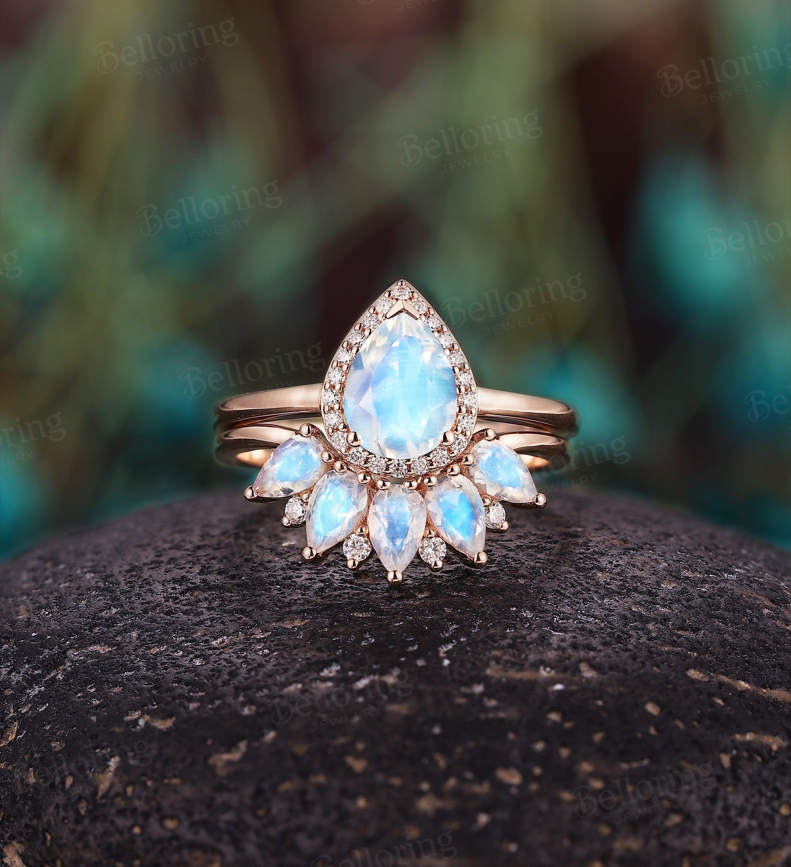 Pear Shaped Moonstone Engagement Ring Set Vintage Teardrop - Etsy