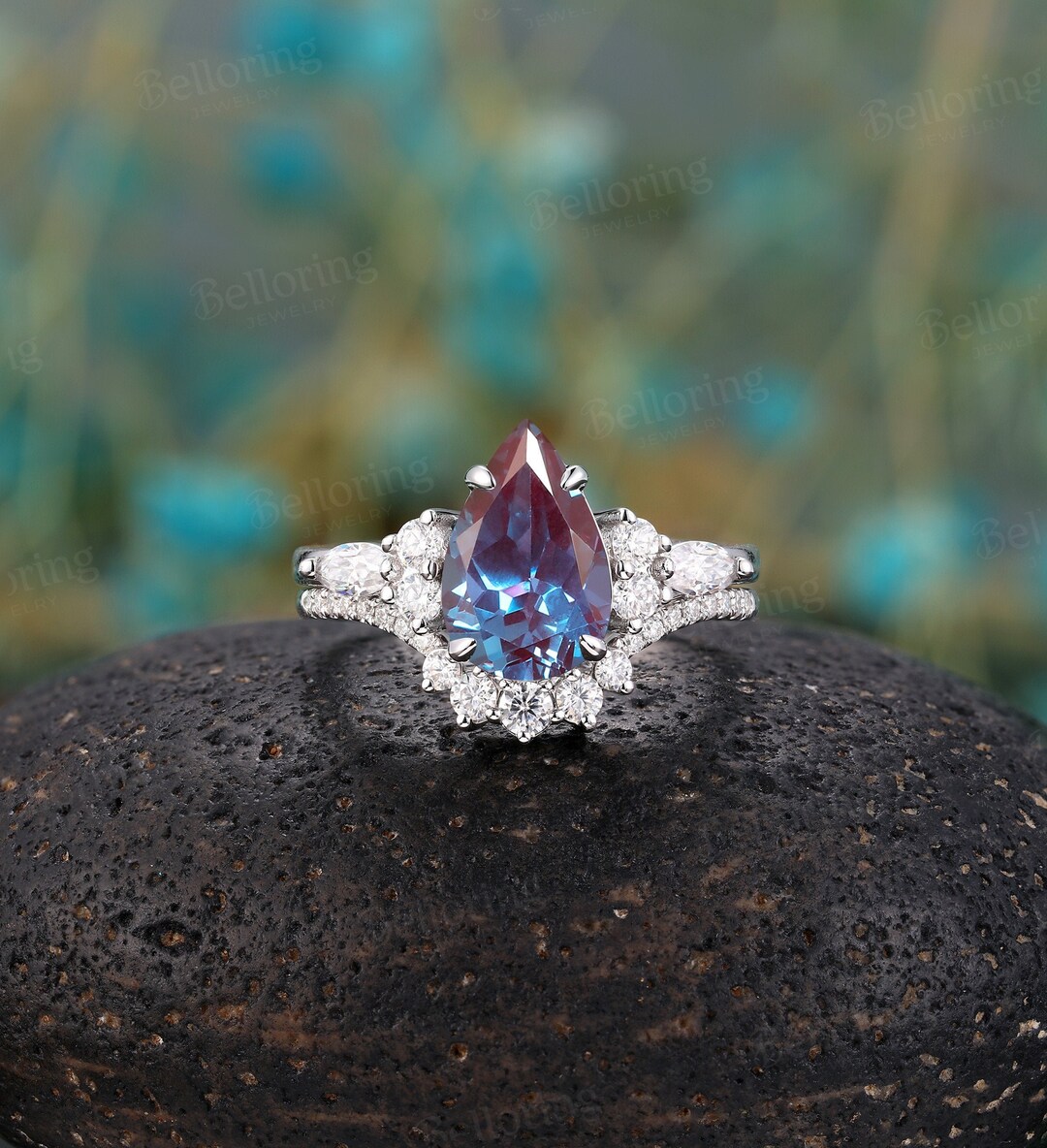 Pear Shaped Alexandrite Engagement Ring Set White Gold Diamond Cluster ...