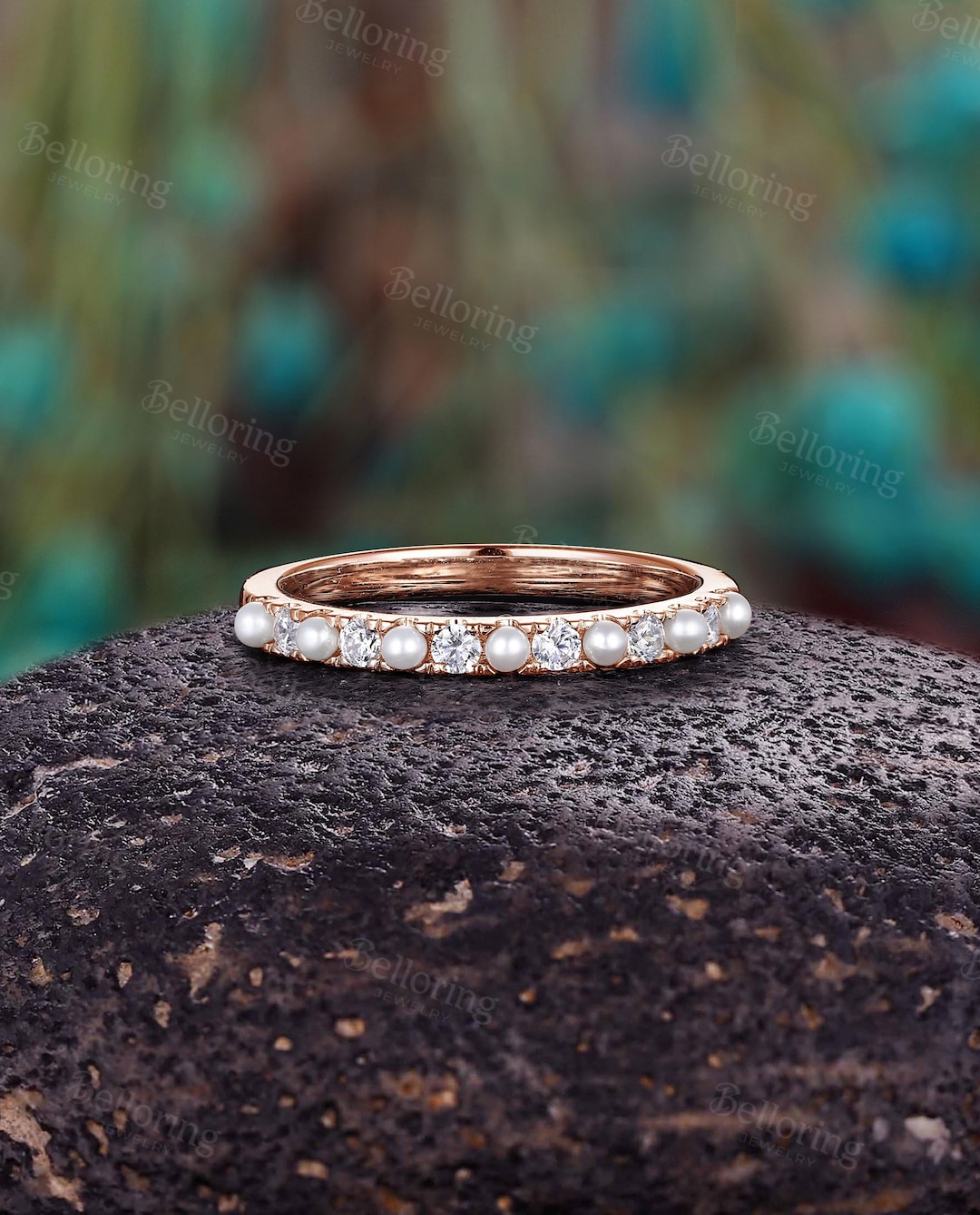 Freshwater Pearl Wedding Band - Gold Wedding Ring Women | Round Pearl ...