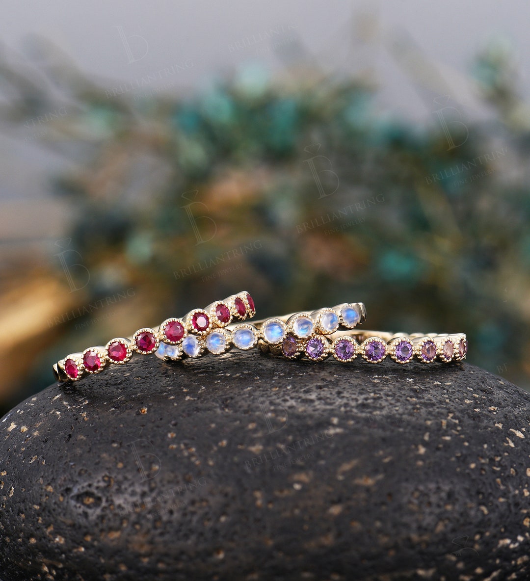 Amethyst Ruby Moonstone Wedding Ring Set Unique Yellow Gold - Etsy