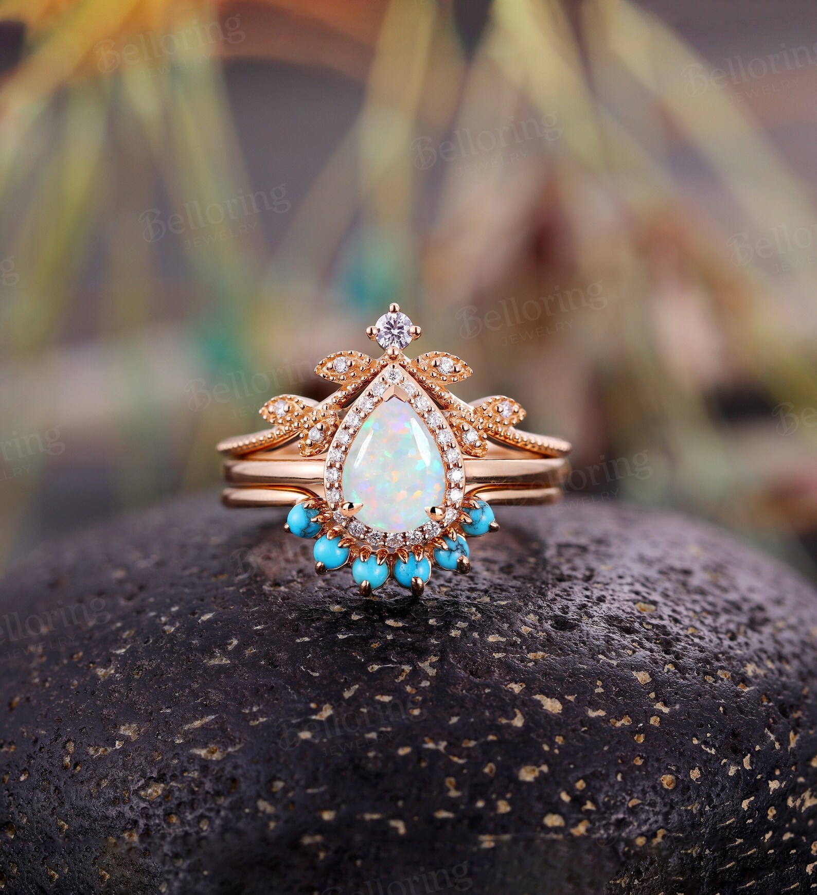 Pear Shaped Opal Engagement Ring Set Vintage Rose Gold Diamond - Etsy