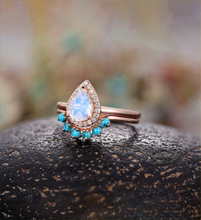 Pear Shaped Moonstone Engagement Ring Set Vintage Art Deco - Etsy