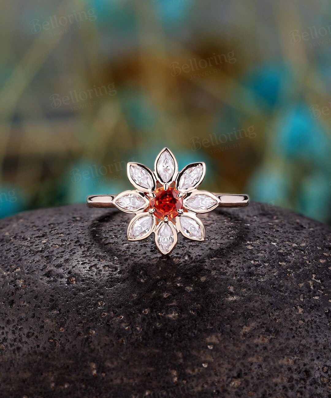 Round Orange Sapphire Flower Ring in 14K Gold - Marquise Moissanite ...