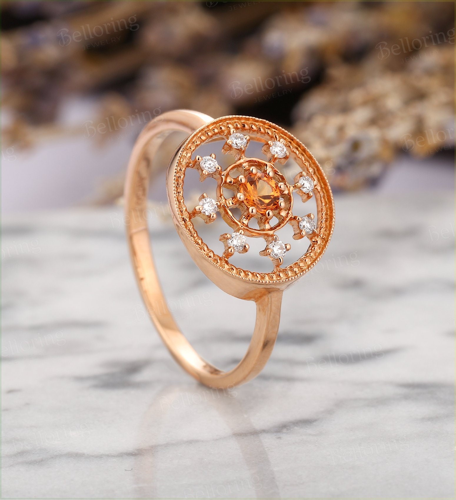 Round Orange Sapphire Engagement Ring Rose Gold Vintage | Etsy