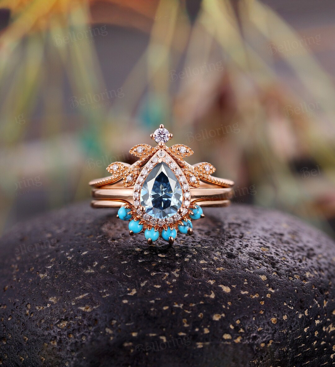 Grey Blue Moissanite Engagement Ring Set Art Deco Rose Gold Ring Set ...