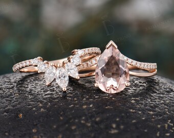 Pear Shaped Morganite Engagement Ring Set Rose Gold Vintage | Etsy