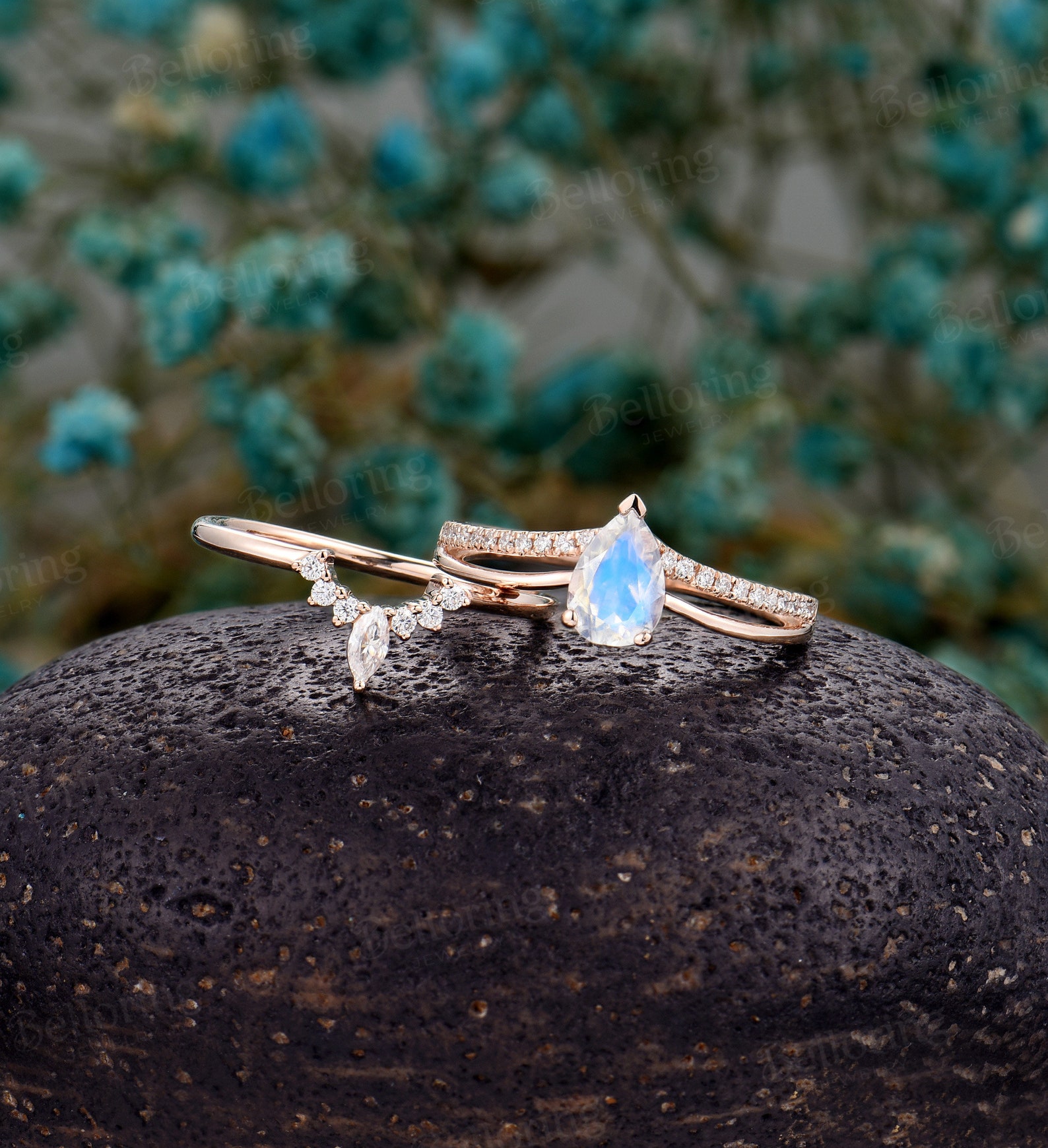 Pear Shaped Moonstone Engagement Ring Set Art Deco Moissanite | Etsy