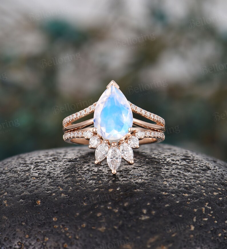 Pear Shaped Moonstone Engagement Ring Set Vintage Rose Gold - Etsy