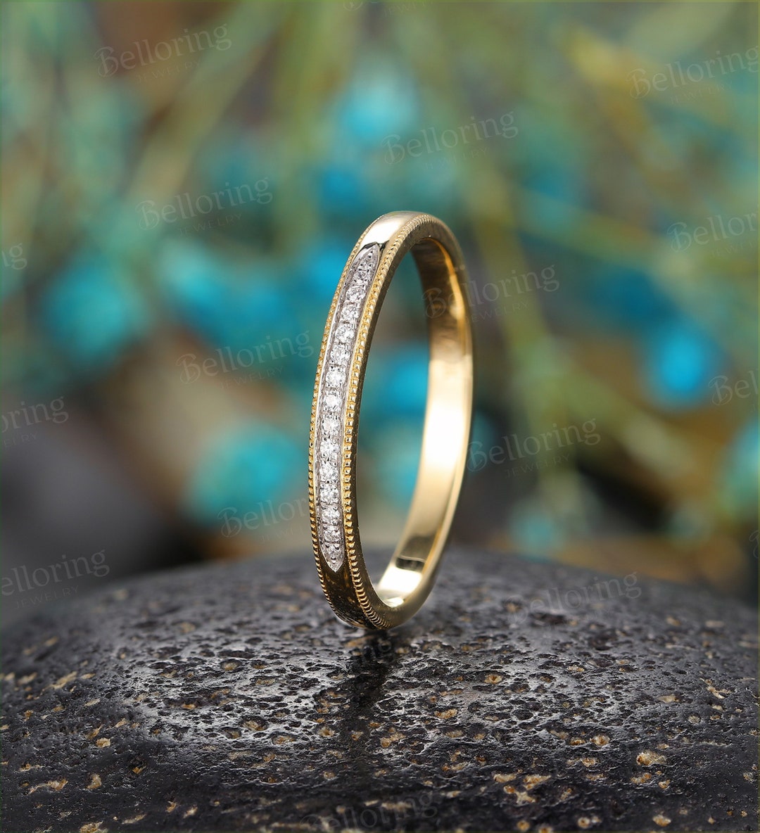 Vintage Diamond Straight Wedding Band Two Tone Stacking Band Antique ...