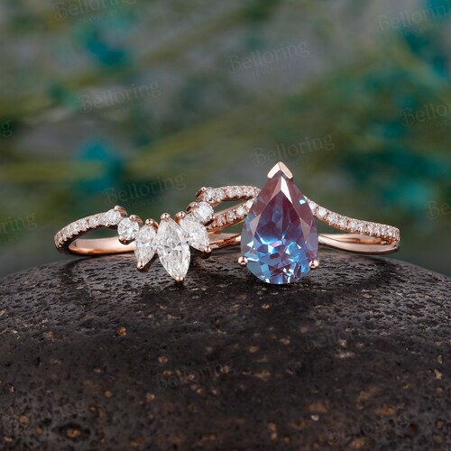 Vintage Teal Sapphire Engagement Ring Set Pear Shaped Unique - Etsy