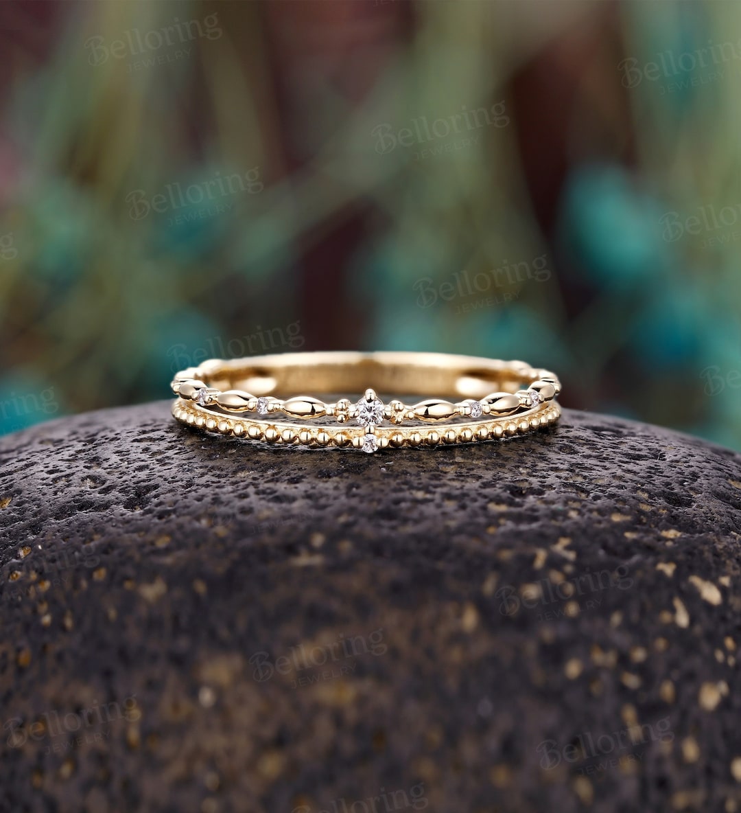 Two-tier Gold Diamond Wedding Band - Milgrain Double Band Unique Chain ...
