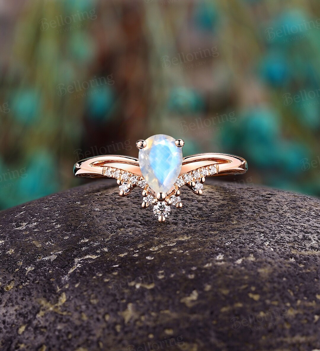 Vintage Pear Shape Moonstone Engagement Ring Round Moissanite Ring Rose ...