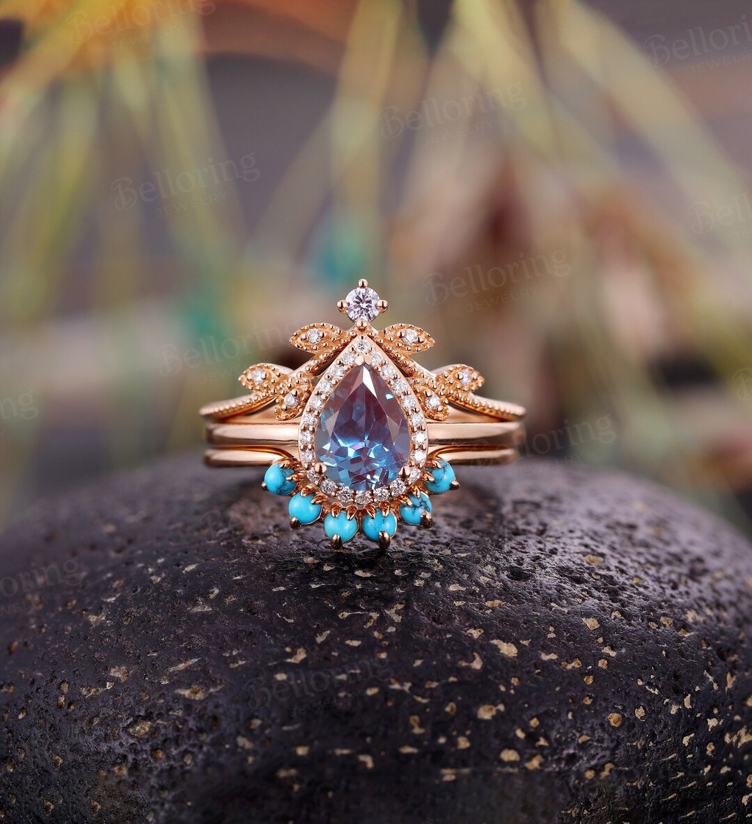 Vintage Alexandrite Engagement Ring Set - Antique Turquoise Wedding ...