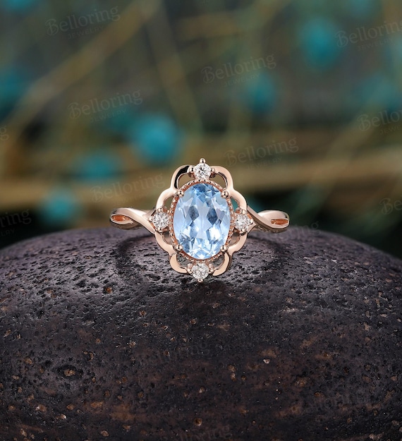 Vintage Oval Aquamarine Engagement Ring Rose Gold Art Deco Diamond Rings Antique Twisted Band Ring Promise Anniversary Wedding Ring Etsy UK