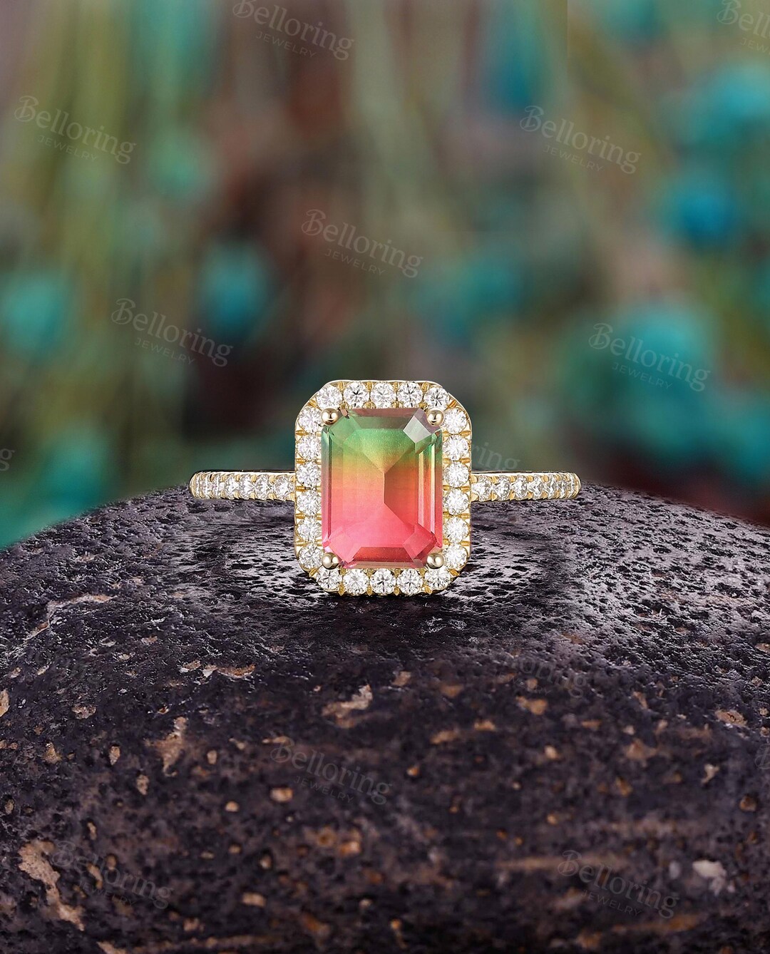 Watermelon Tourmaline Engagement Ring - Emerald Cut Bi-color Tourmaline ...