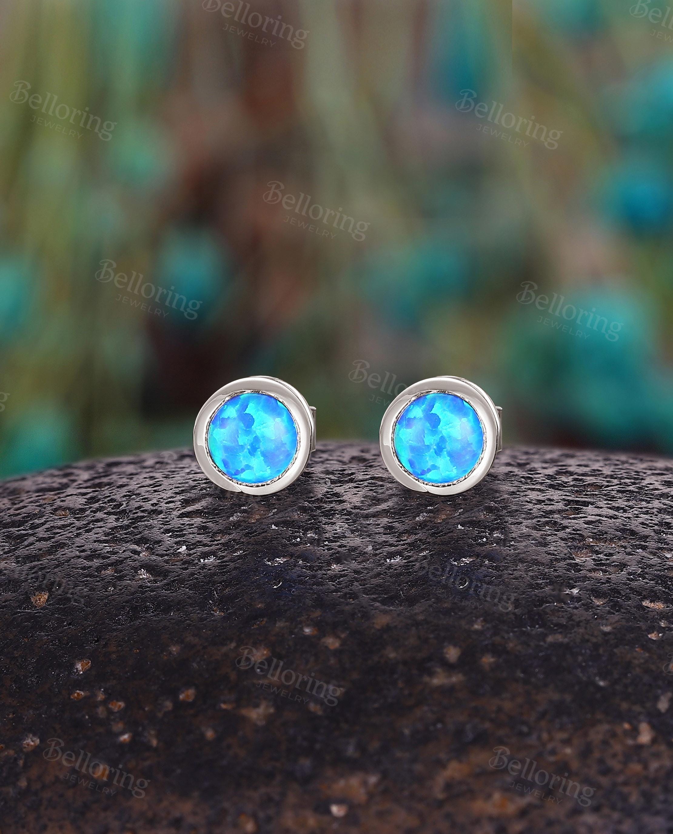 Blue Opal Stud Earrings - Rose Gold Bezel Minimalist Studs | Ocean Blue ...