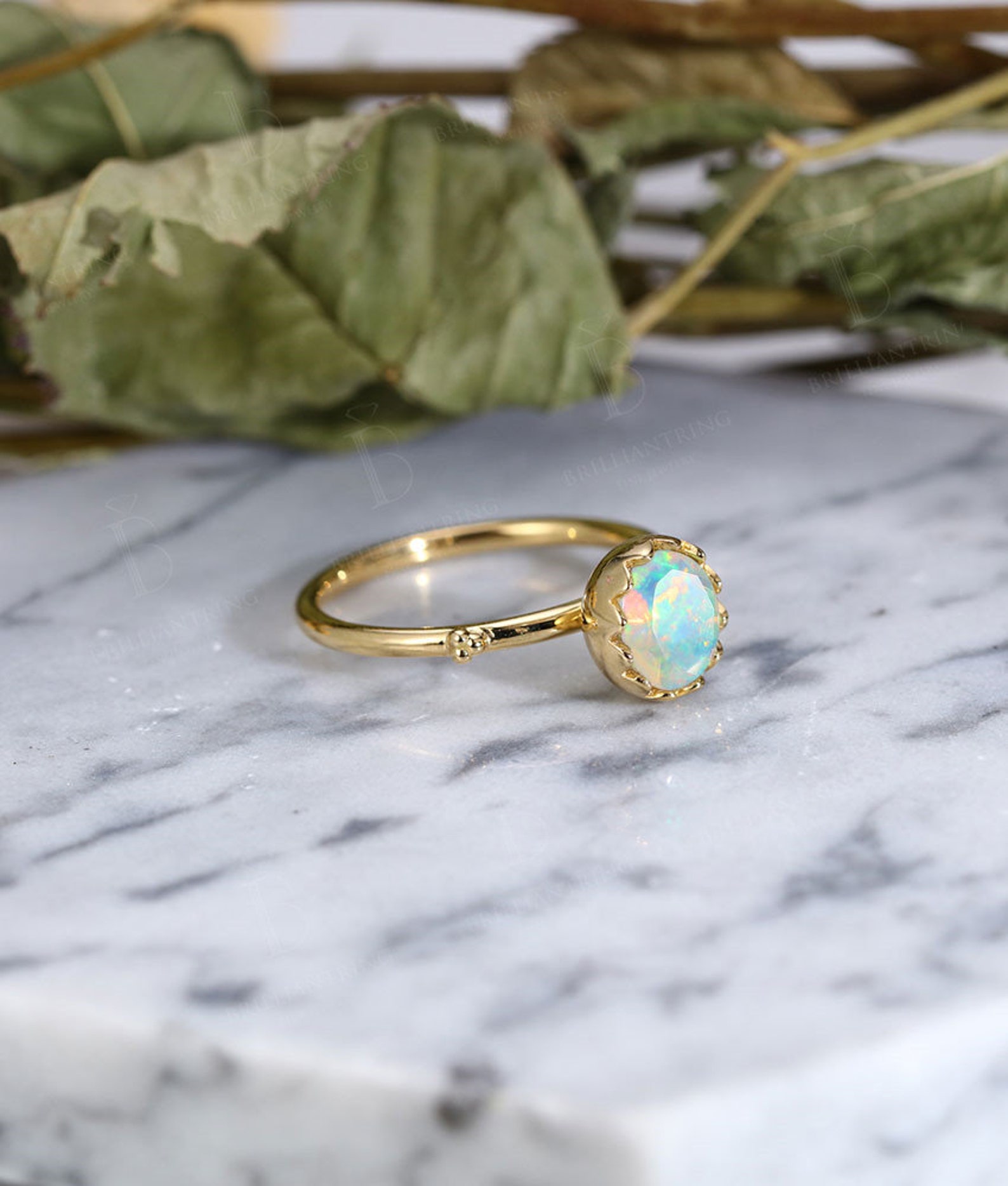 Faceted Opal Engagement Ring Vintage Antique Oval Shaped Rings Yellow ...