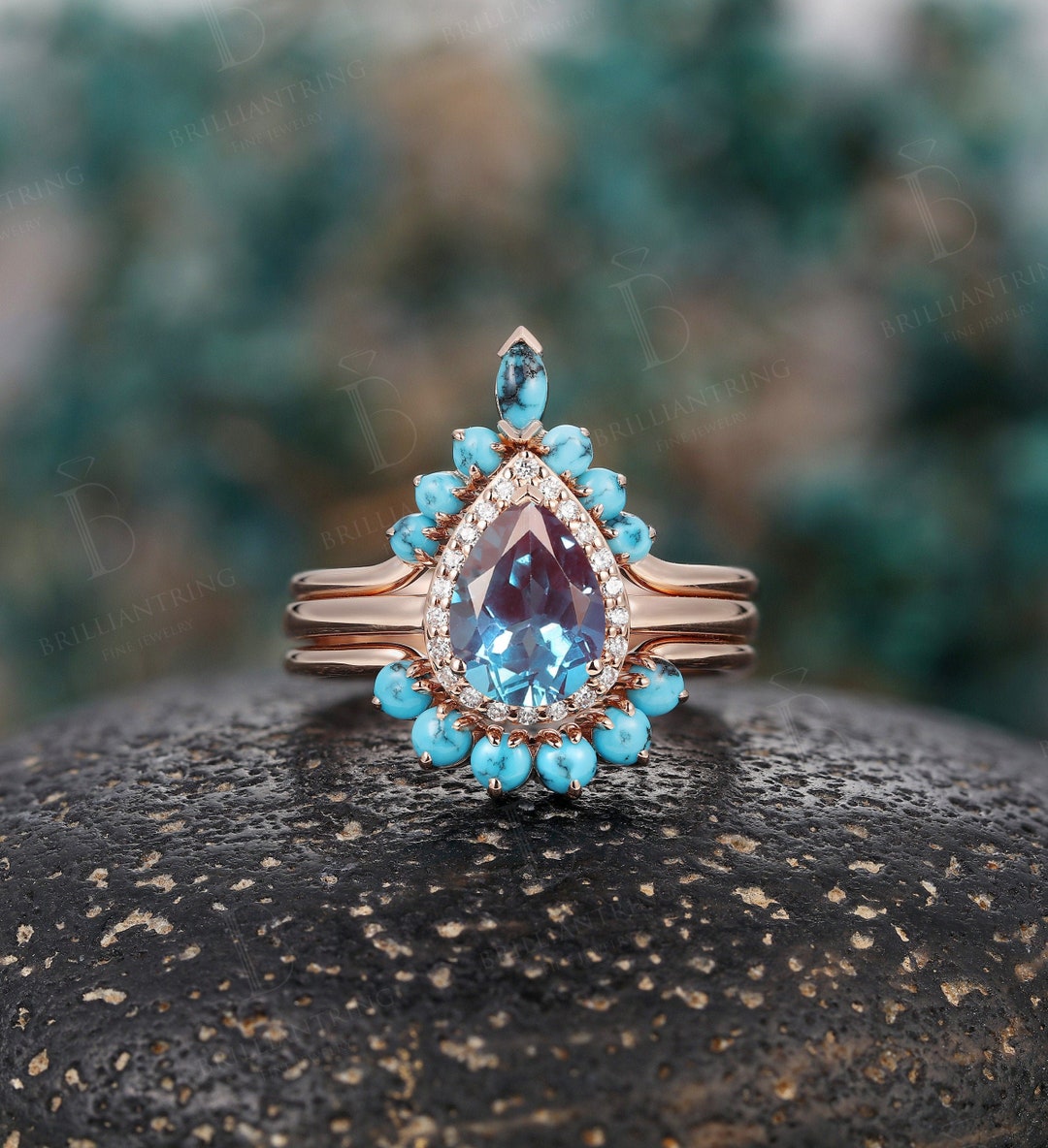 Vintage Pear Shaped Alexandrite Engagement Ring Set Rose Gold Art Deco ...