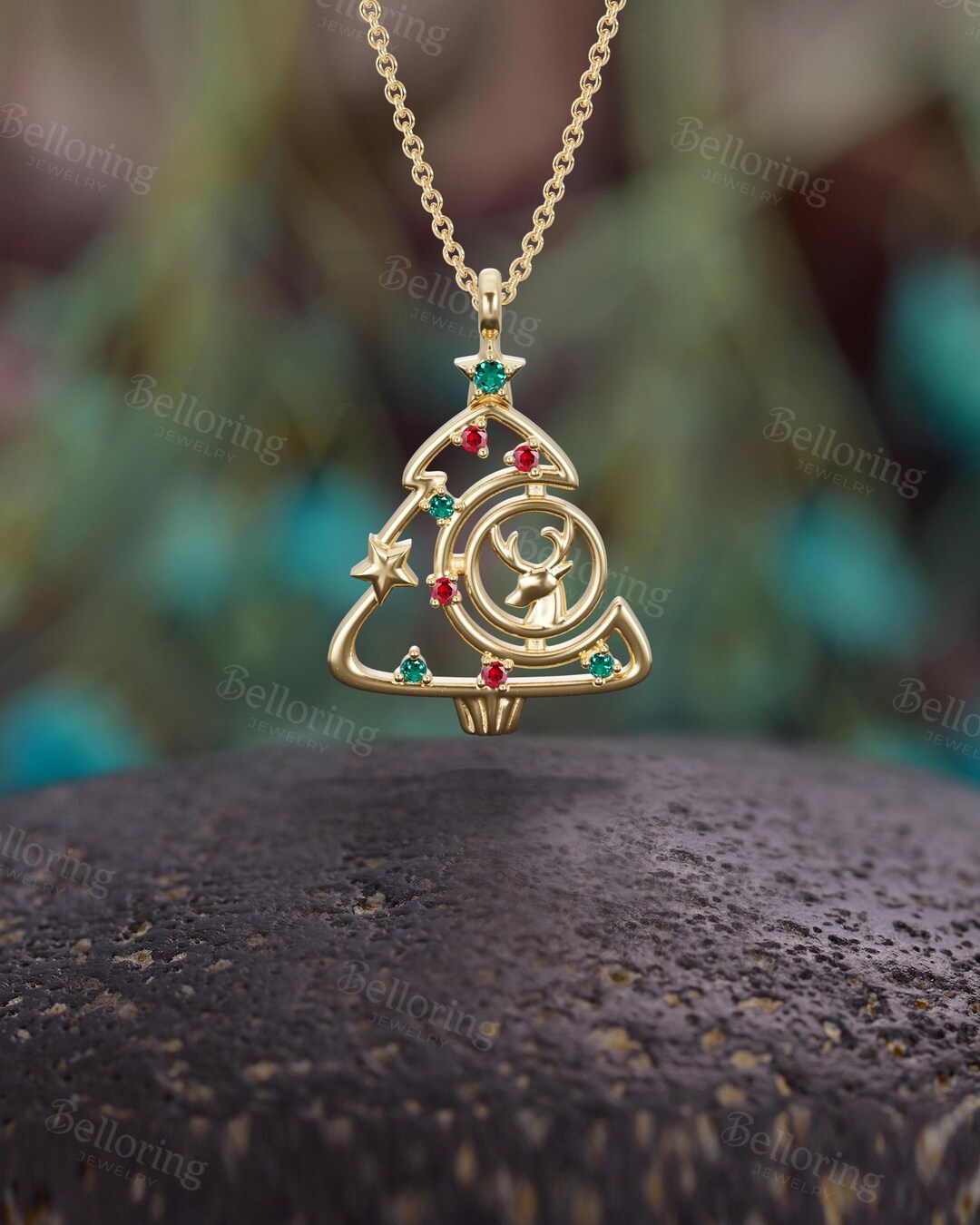 Unique Solid Gold Christmas Tree Necklace,round Emerald & Ruby Xmas ...