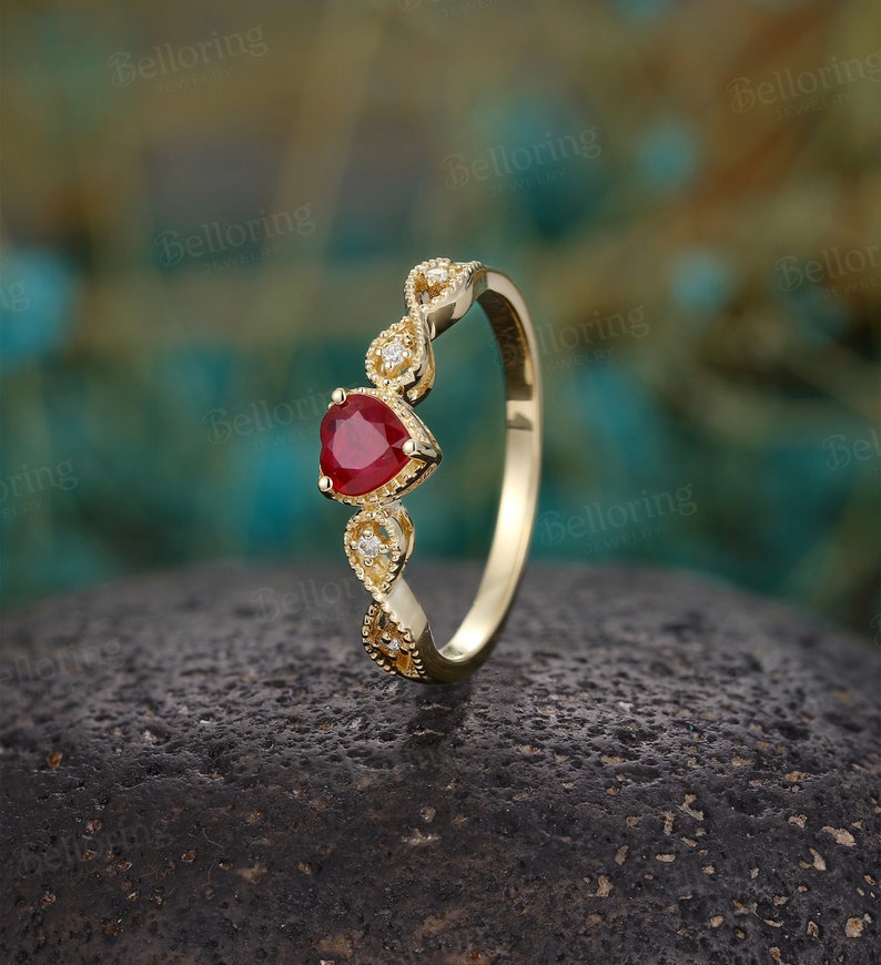 Ruby Engagement Ring Vintage Yellow Gold Ring Heart Shaped | Etsy