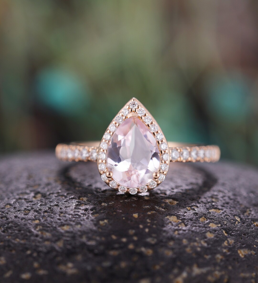 Pear Shaped Morganite Engagement Ring Art Deco Moissanite Halo - Etsy