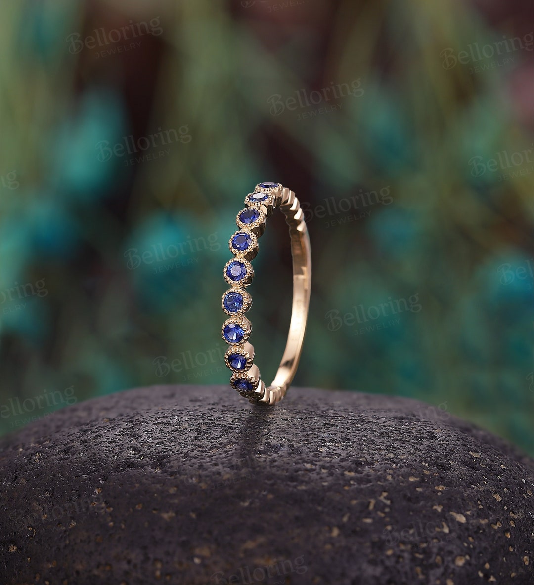 Vintage Natural Sapphire Wedding Band,14k Yellow Gold Ring,art Deco ...