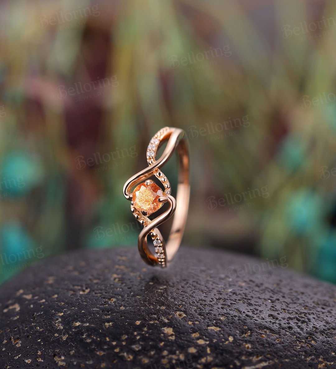 Round Sunstone Engagement Ring Vintage Rose Gold Diamond Rings Antique ...