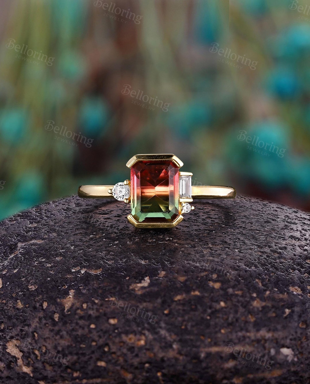 Emerald Cut Watermelon Tourmaline Engagement Ring - Art Deco Asymmetric ...