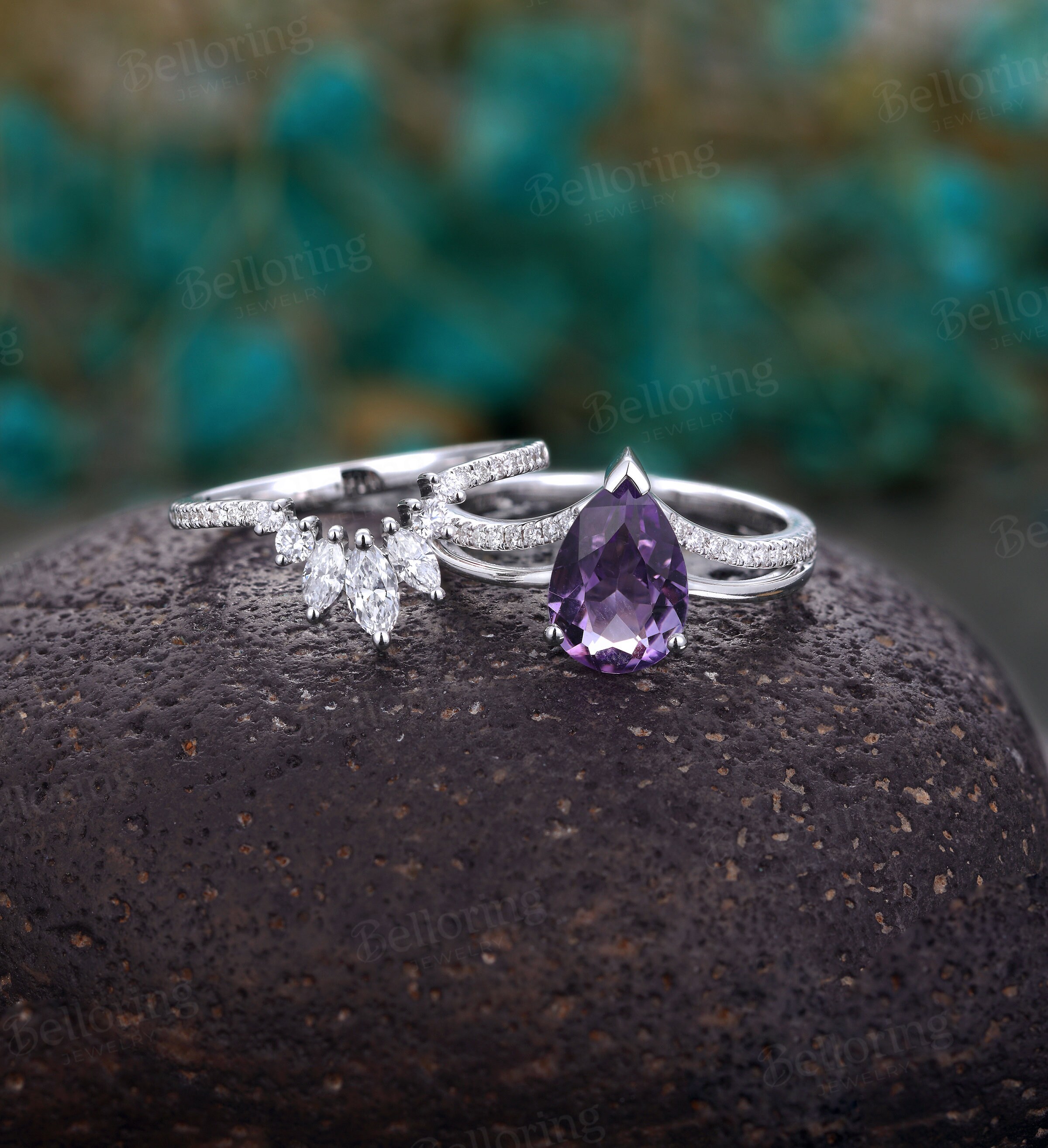 Vintage Pear Shaped Amethyst Engagement Ring Set White Gold - Etsy