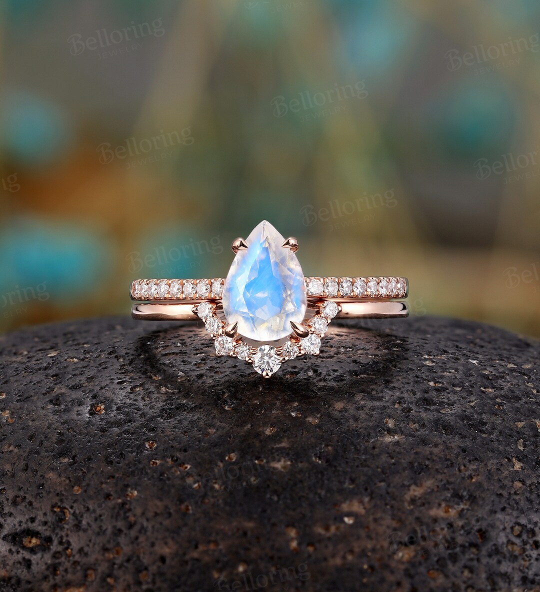 Pear Shaped Moonstone Engagement Ring Set Unique Art Deco Moissanite ...