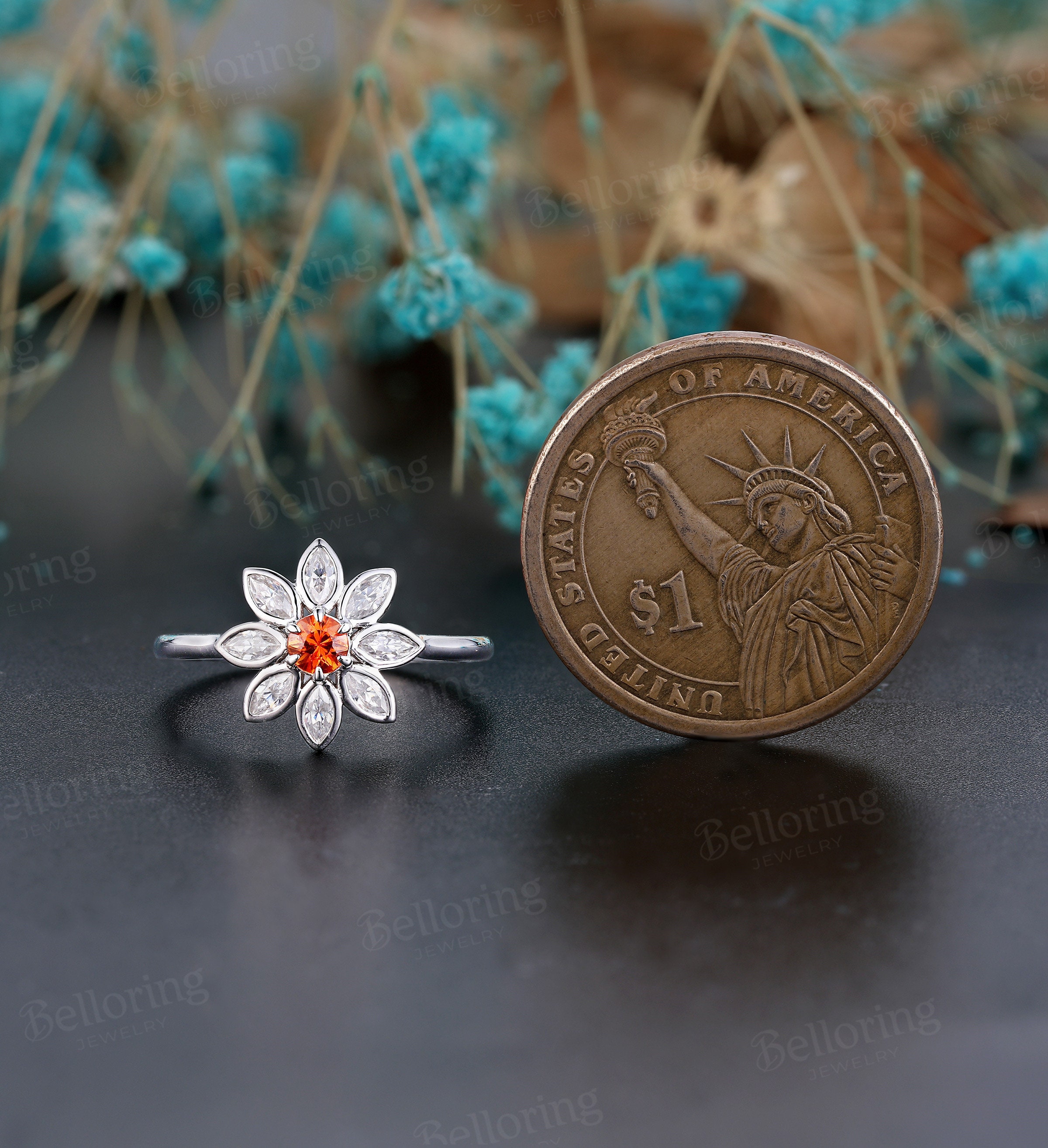Round Orange Sapphire Engagement Ring White Gold Marquise Round Orange Sapphire Engagement Ring White Gold Marquise