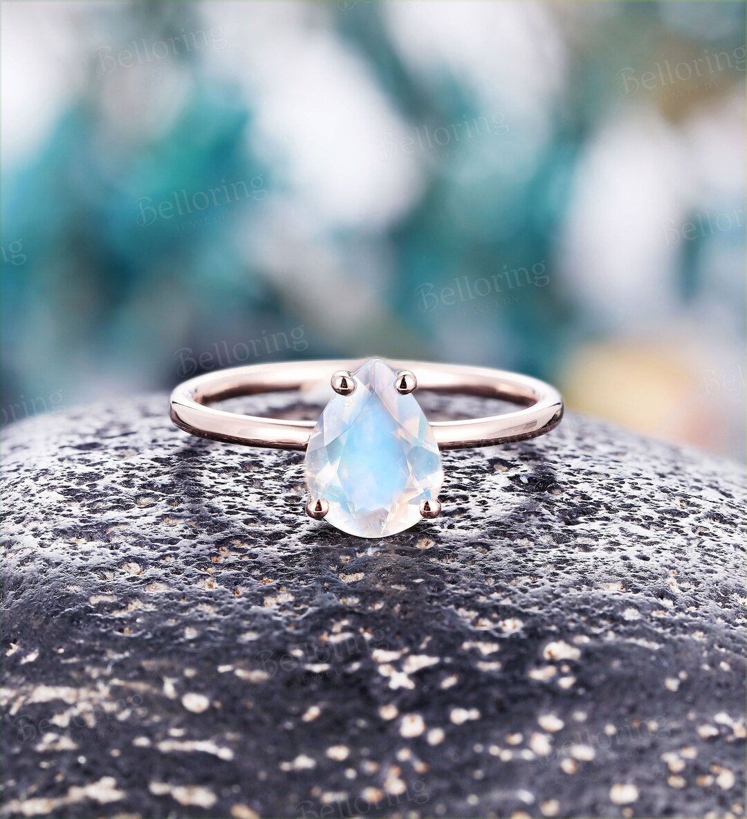 Pear Shaped Moonstone Engagement Ring Rose Gold Vintage Solitaire Ring ...