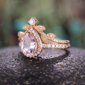 Pear Shaped Morganite Engagement Ring Set Art Deco Moissanite Diamond Halo Rings Rose Gold ...