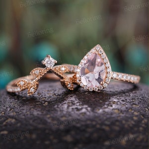 Pear Shaped Morganite Engagement Ring Set Art Deco Moissanite Diamond Halo Rings Rose Gold ...