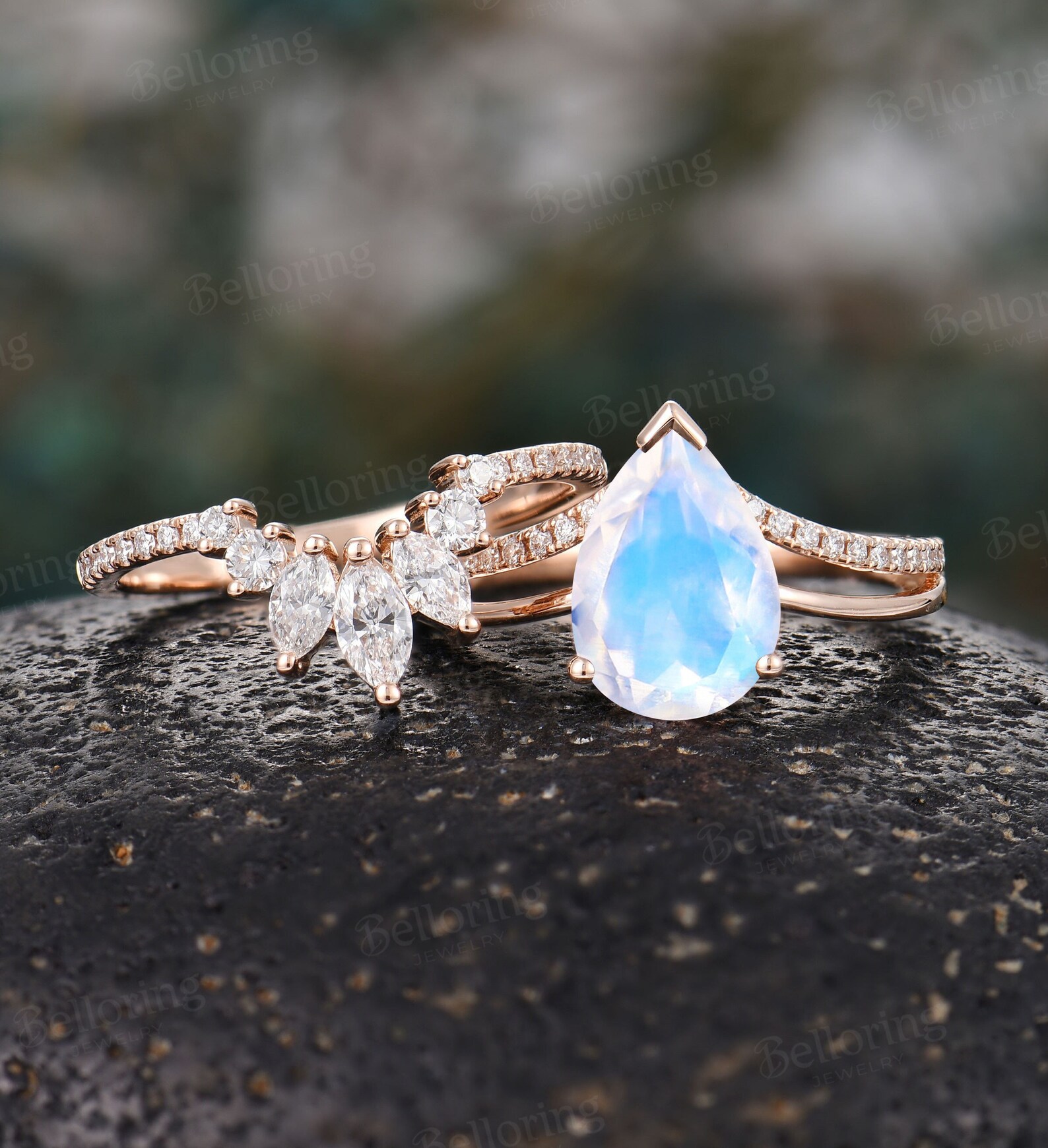 Pear Shaped Moonstone Engagement Ring Set Vintage Rose Gold - Etsy