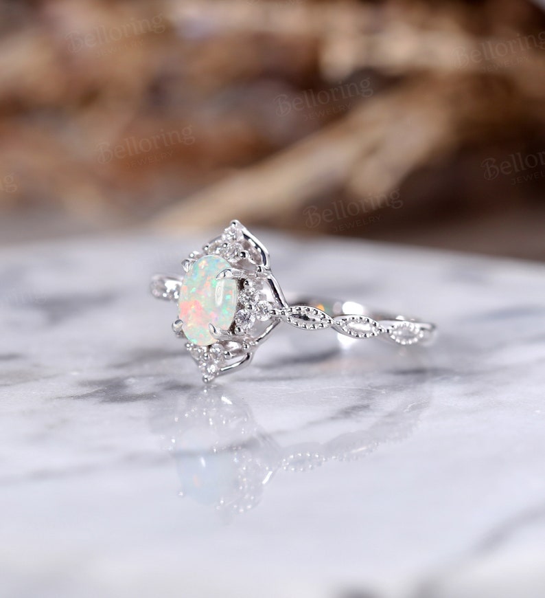 Vintage Oval Opal Engagement Ring White Gold Milgrain Rings - Etsy