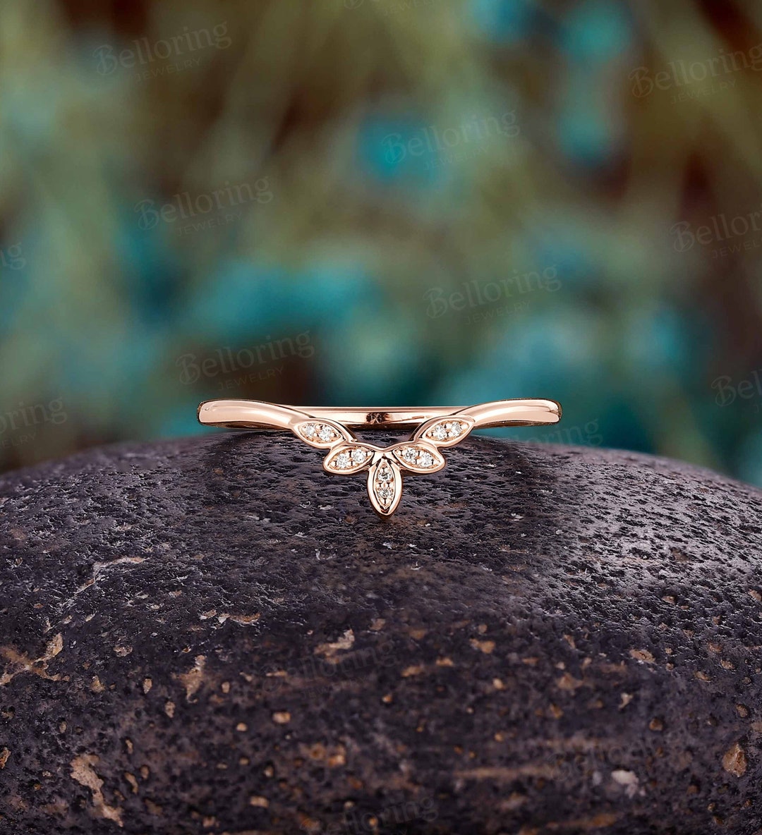 Nature Inspired Leaf Design Wedding Band Rose Gold Ring Curved Band ...