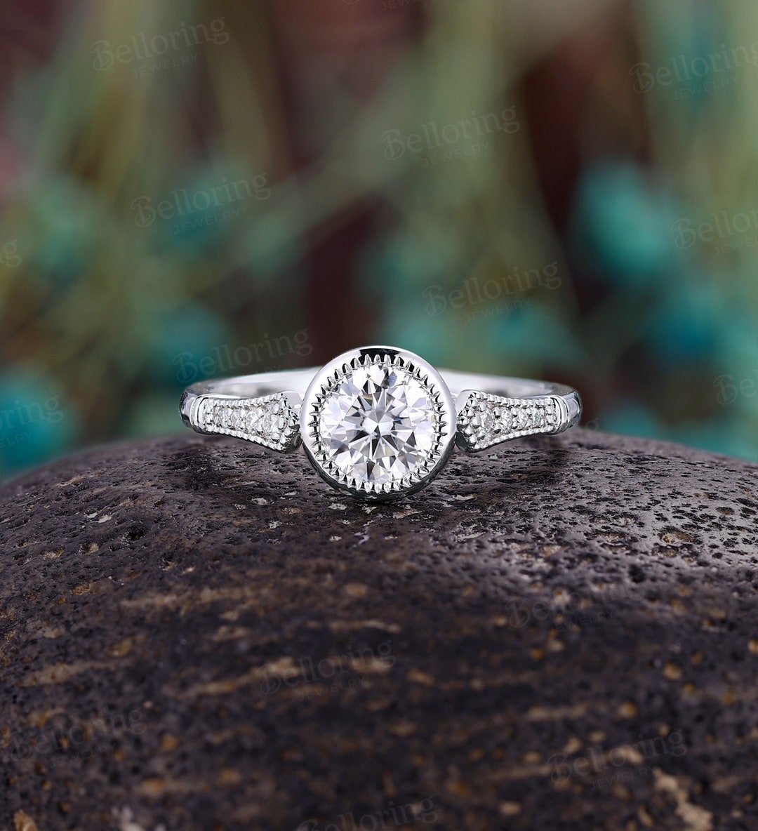 Vintage Round Moissanite Engagement Ring White Gold Diamond Wedding ...