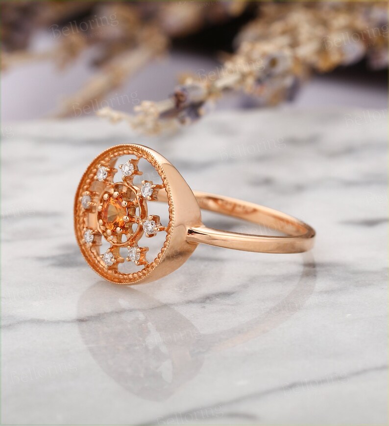 Round Orange Sapphire Engagement Ring Rose Gold Vintage | Etsy