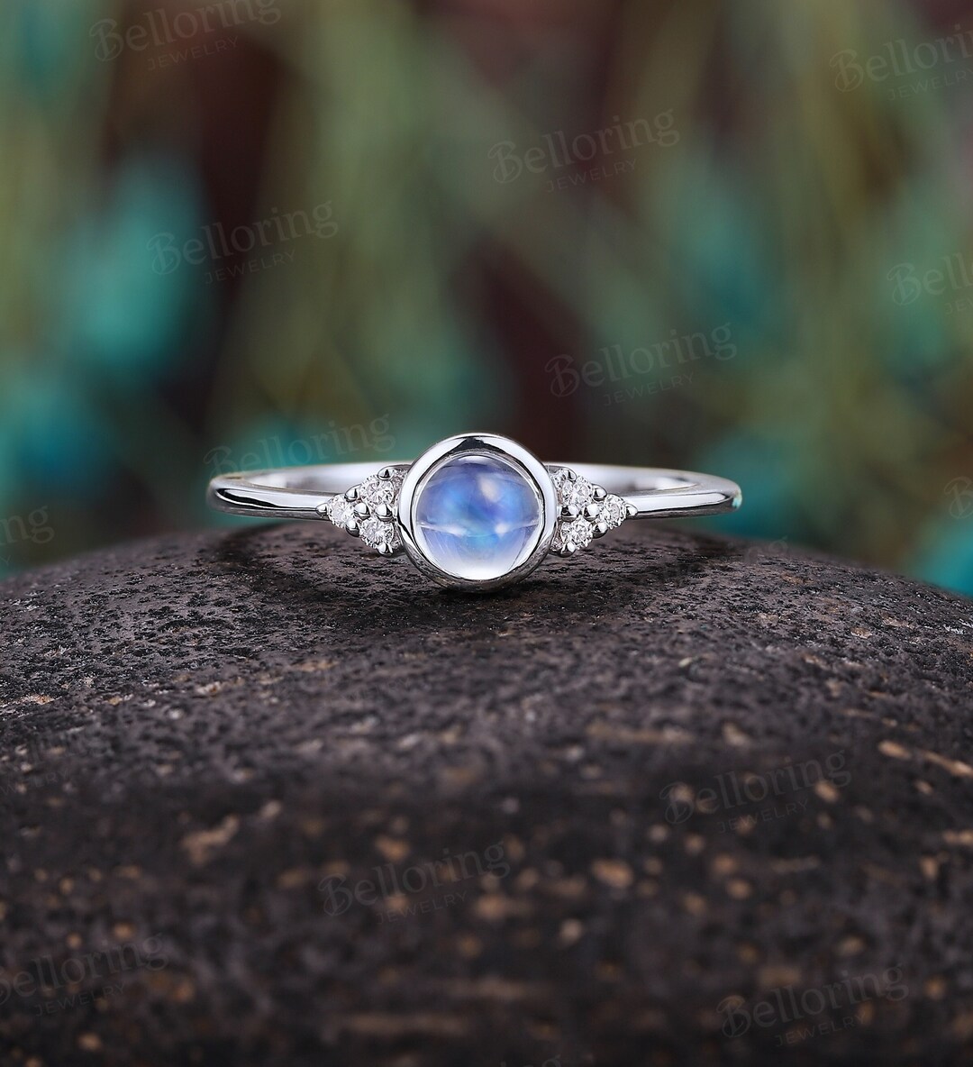 Vintage Round Moonstone Engagement Ring Art Deco Diamond Rings Bezel ...