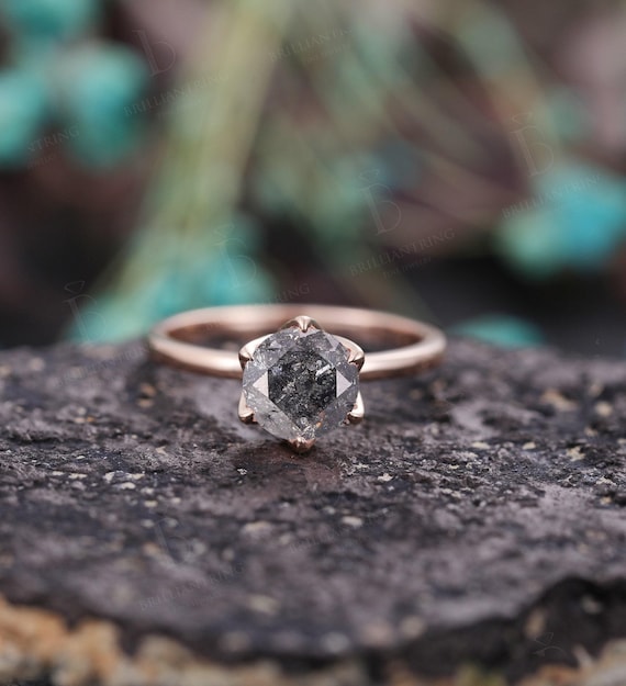 Salt and Pepper Diamond Engagement Ring Vintage Wedding Ring Solitaire Ring Unique Rose Gold Lotus Ring Art Deco Wedding Anniversary Ring Etsy