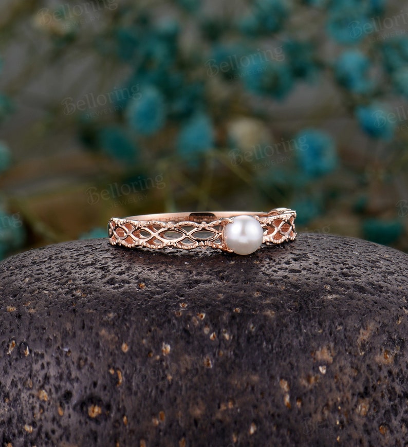 Vintage Pearl Engagement Ring Rose Gold Infinity Wedding Ring Antique ...