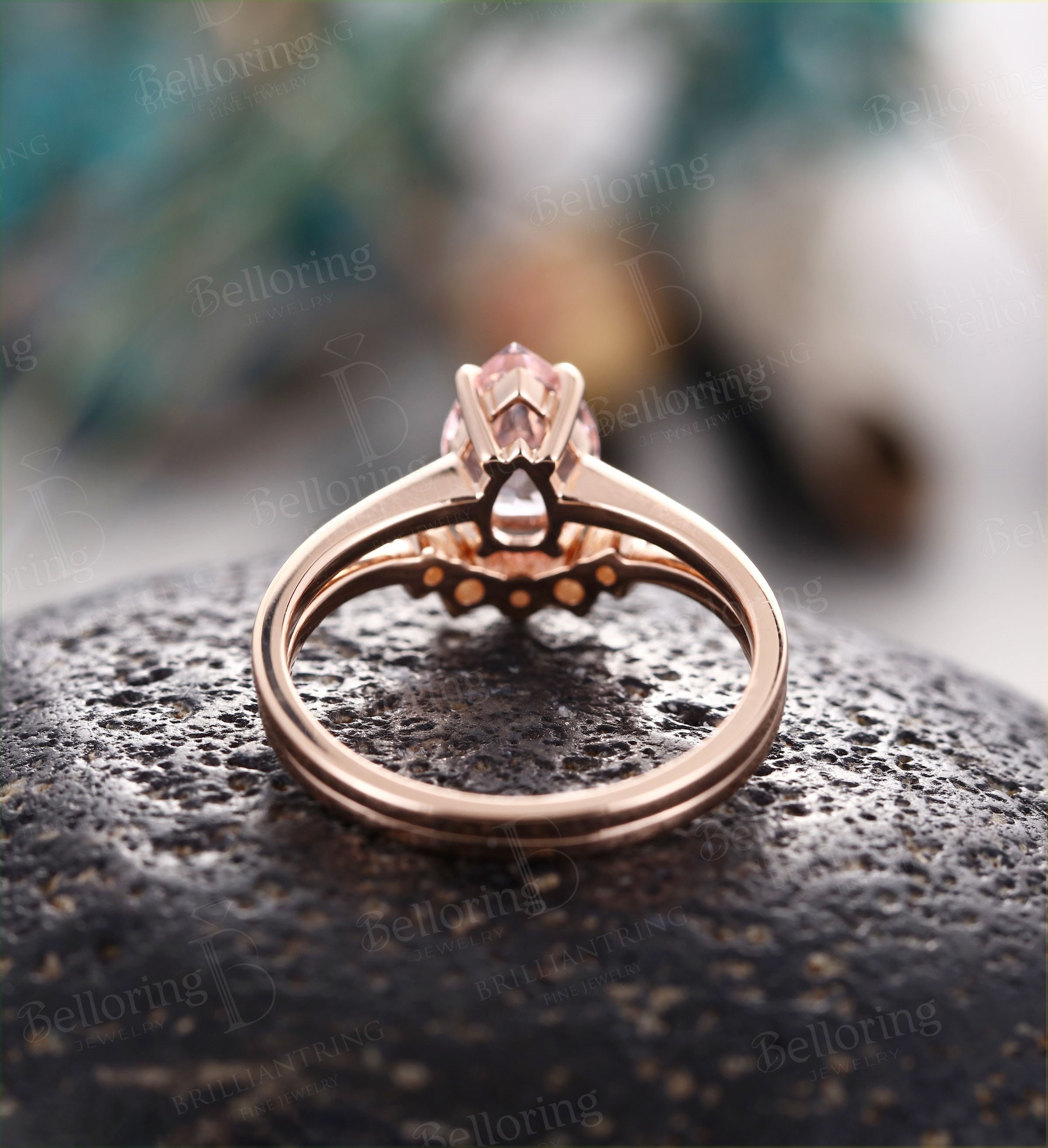 Pear shaped Morganite engagement ring set rose gold ring set | Etsy