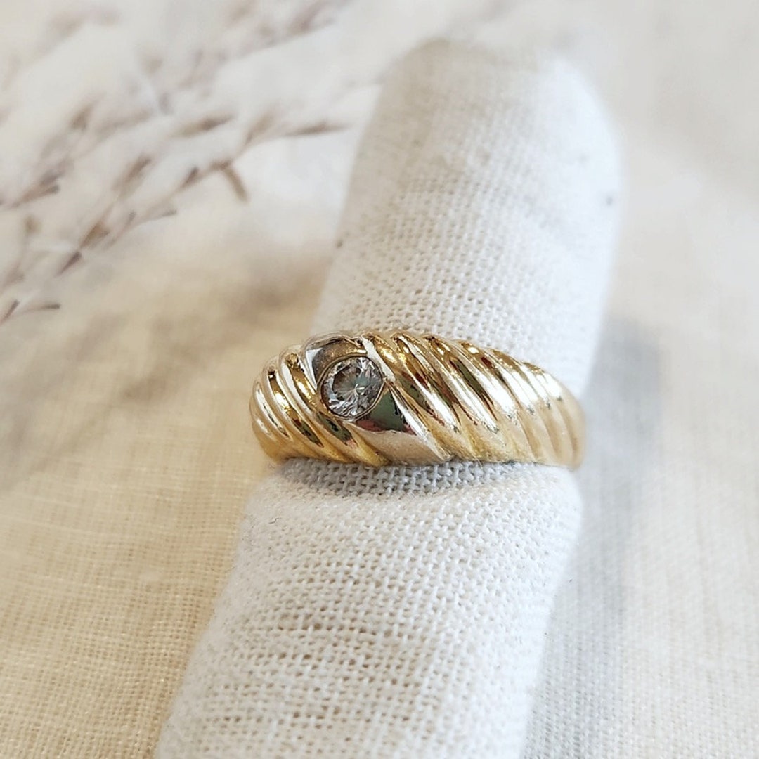 14k Yellow Gold Diagonal Design Diamond Dome Ring - Etsy