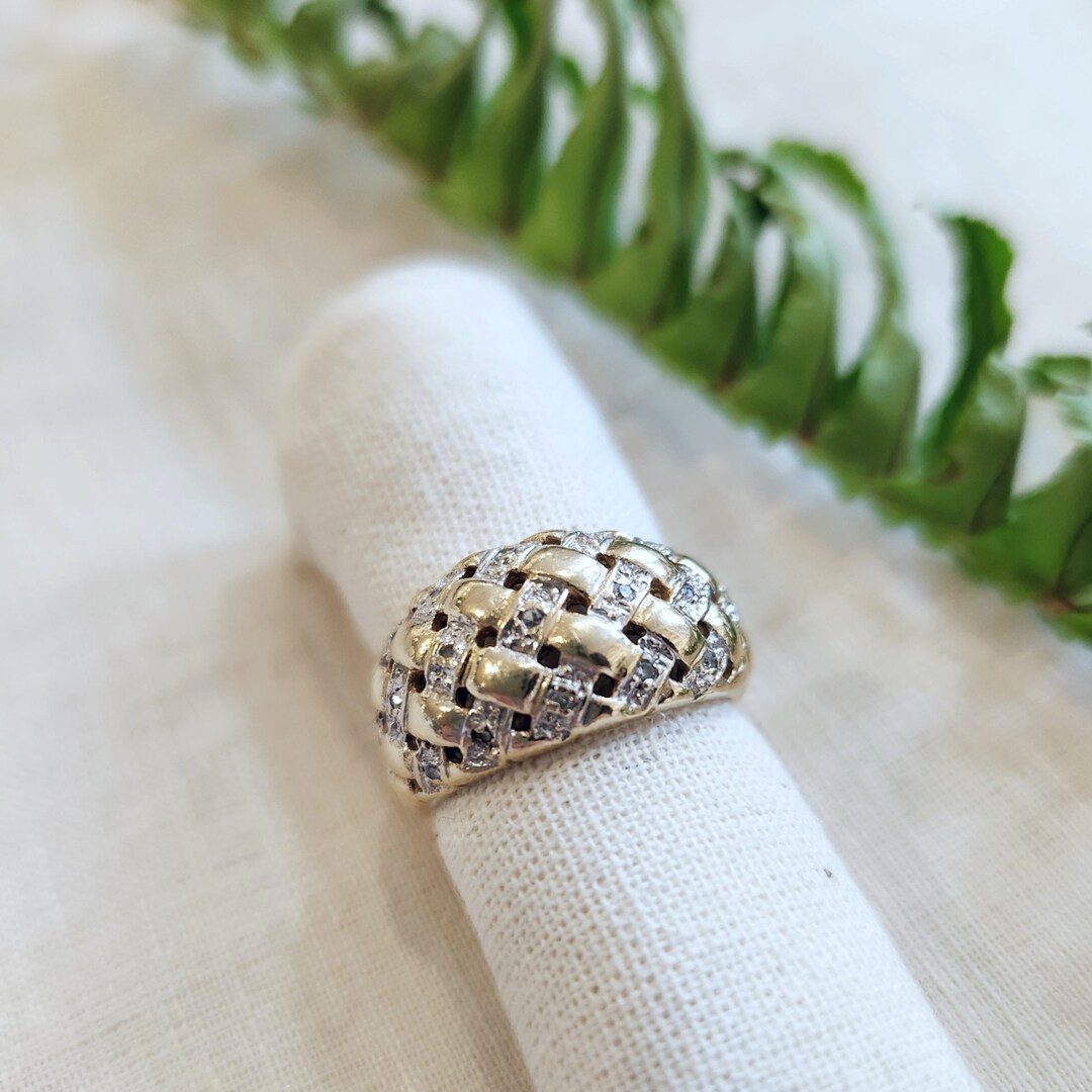 14k Yellow Gold Textured Basket Weave Dome Ring - Etsy