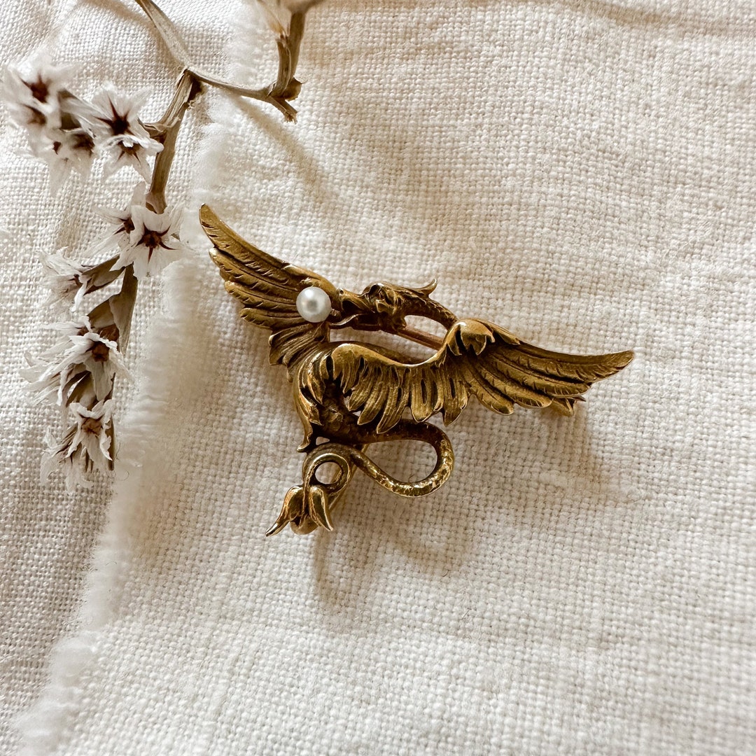 Antique 14k Yellow Gold Dragon Pin With Pearl - Etsy