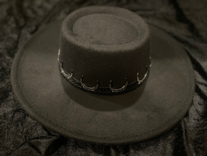 Crescent Moon Wide Brim Black Boater Hat • Celestial Hat • Festival Hat ...
