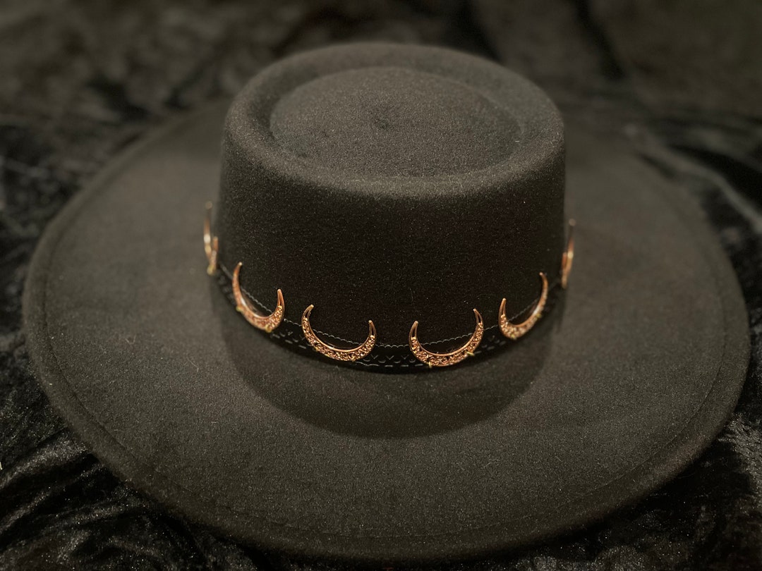 Crescent Moon Wide Brim Black Boater Hat • Rose Gold or Silver ...