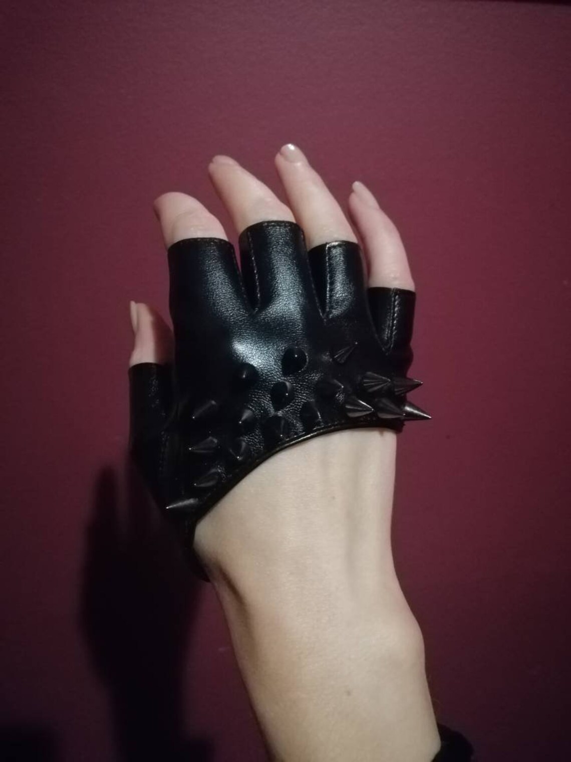 Shadow Puppet Faux Leather Studded Gloves • Fingerless Mini Gloves ...