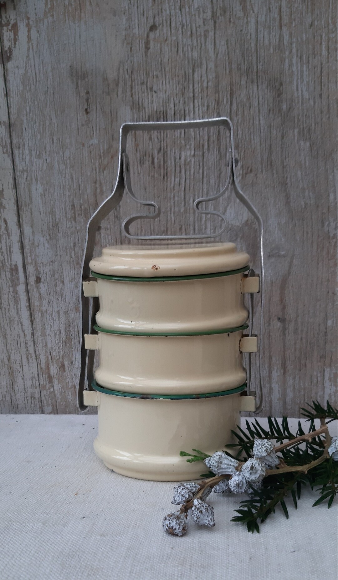 Vintage Enameled Handle Man * Lunch Box * 3 - Tiered * Netherlands 50s ...